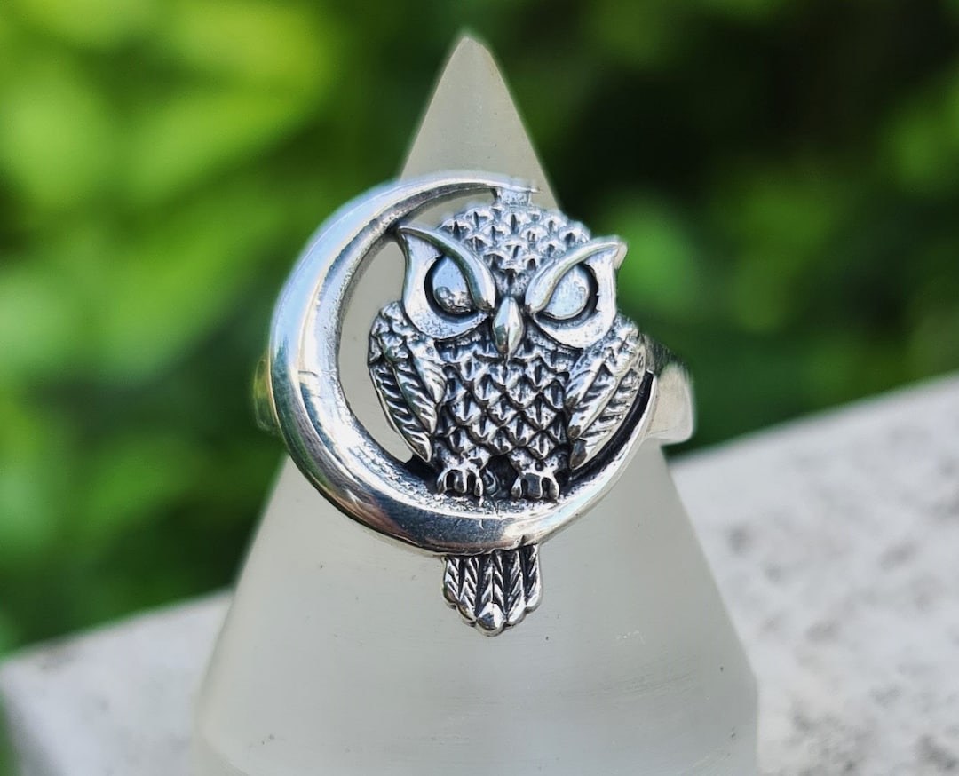 Owl Ring STERLING SILVER 925 Owl on the Crescent Moon Symbol of Wisdom ...