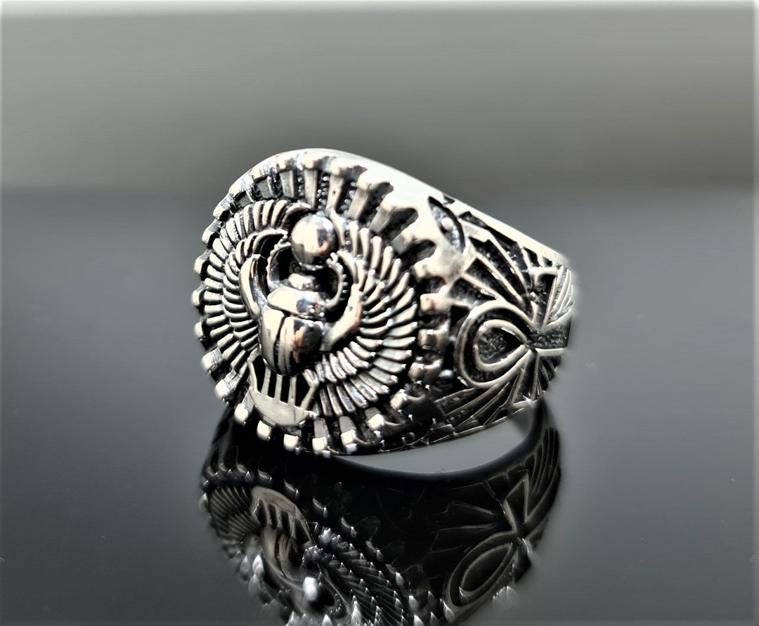 Scarab Ring 925 Sterling Silver Ankh Key of Life God of Egypt Winged ...