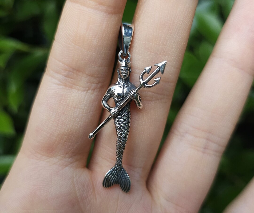Merman With Trident Pendant STERLING SILVER 925 Triton God of the Sea ...
