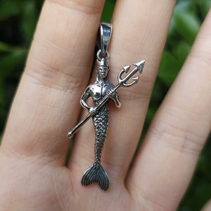 Merman With Trident Pendant STERLING SILVER 925 Triton God of the Sea ...