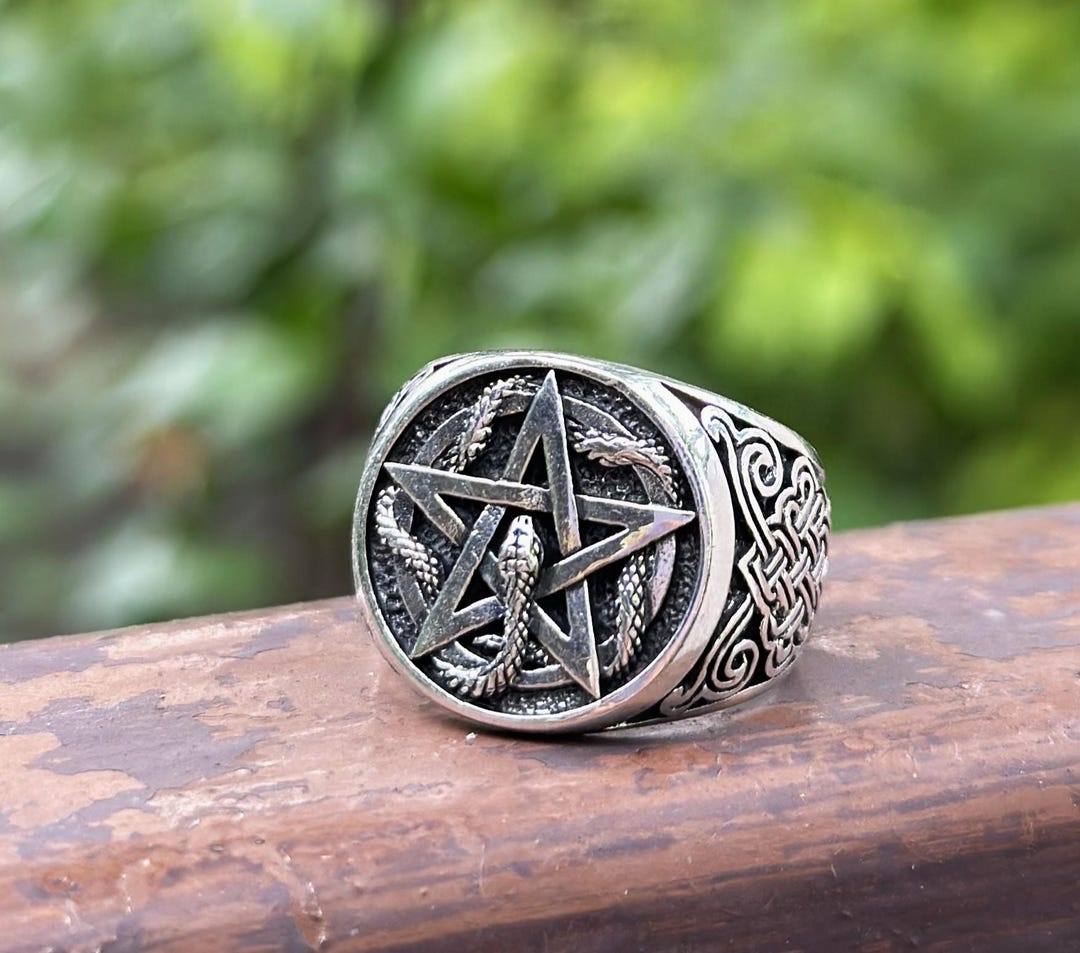 Pentagram Snake Ring 925 Sterling Silver Pentacle Interlocking Serpent ...