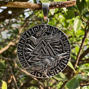 Valknut Huginn and Muninn Runic Pendant STERLING SILVER 925 Runes ...
