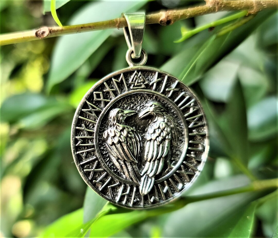 Huginn and Muninn Runic Pendant STERLING SILVER 925 Runes Valknut Raven ...
