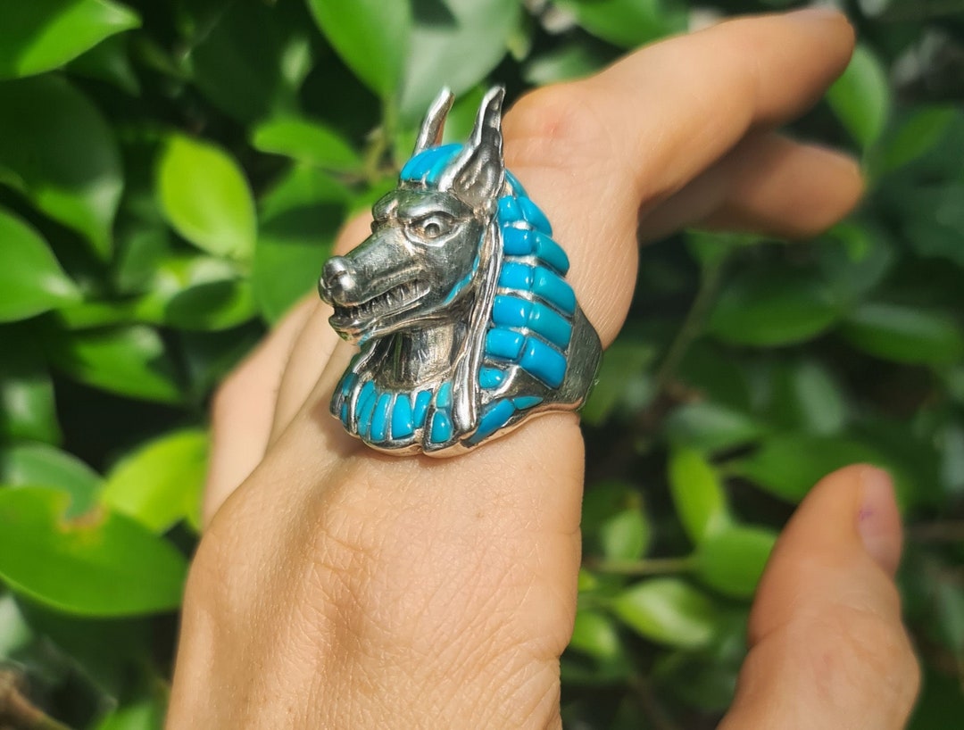 Anubis Ring Natural Turquoise Sterling Silver 925 Egyptian God Jackal ...