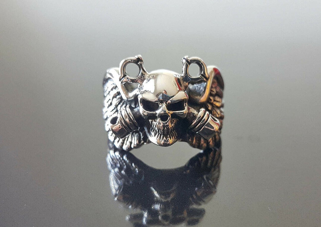 Winged Skull Ring 925 STERLING SILVER Pistons Punk Goth Rock Biker ...