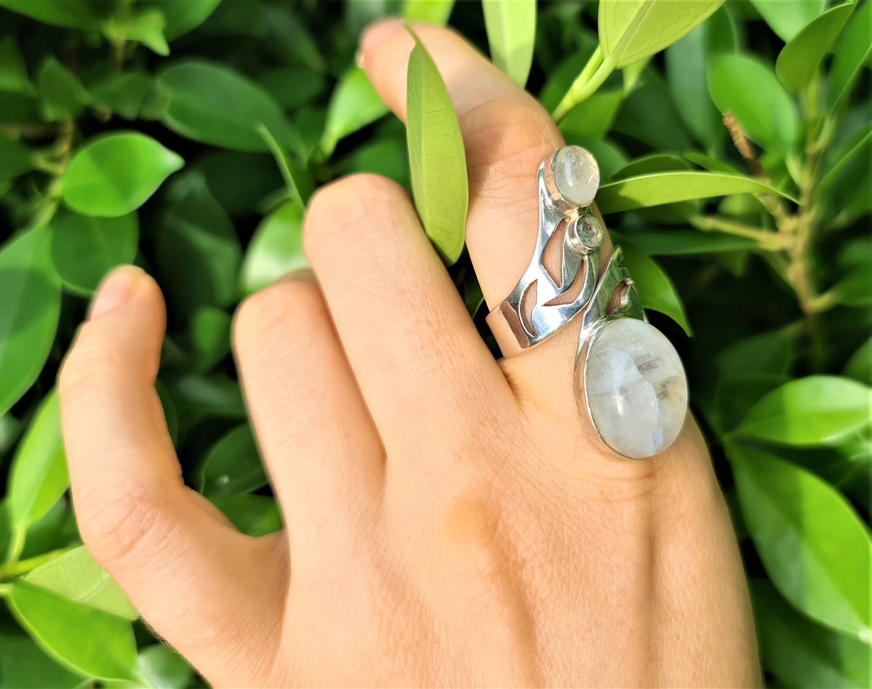 Moonstone Ring STERLING SILVER 925 Genuine Gemstone Long Knuckle Ring ...