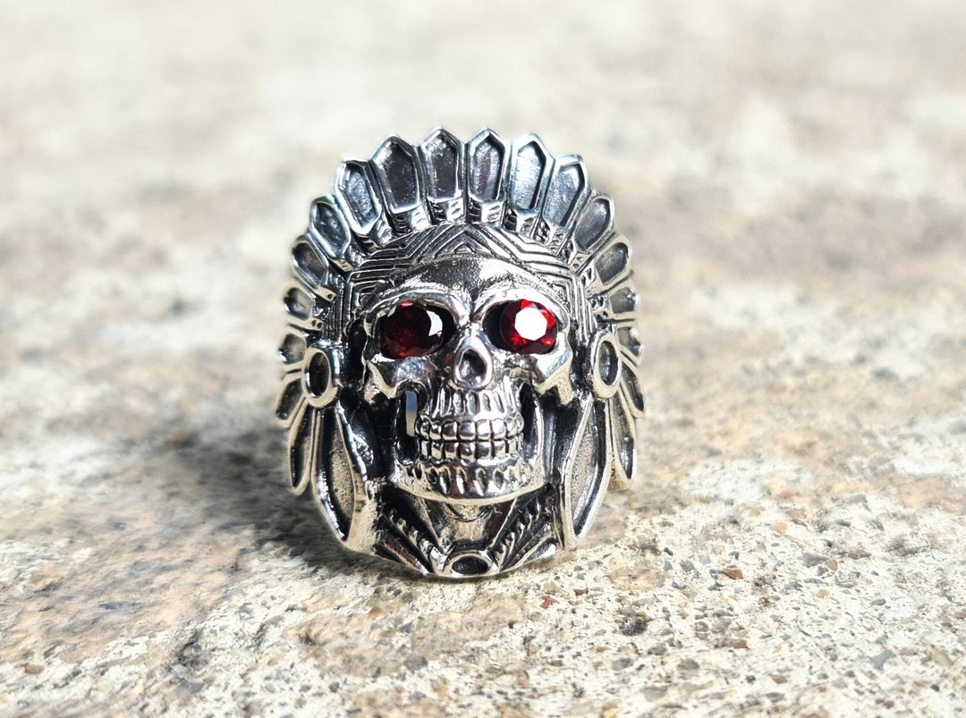 American Indian Skull Chief Warrior Ring STERLING SILVER 925 Natural ...