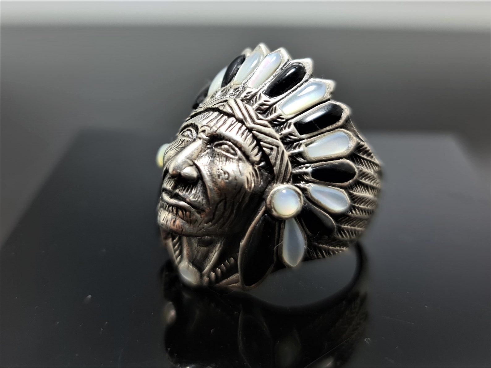 American Indian Chief Warrior Ring STERLING SILVER 925 Natural Mother ...