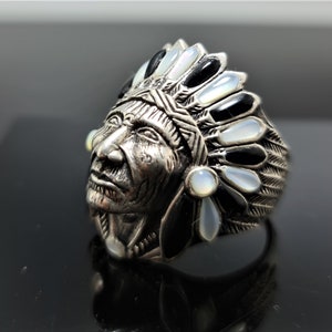 American Indian Chief Warrior Ring STERLING SILVER 925 Natural Mother ...