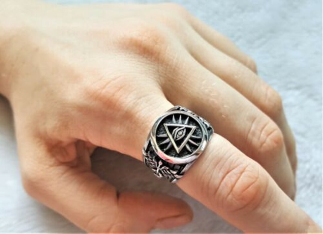 Pyramid All Seeing Eye Ring 925 STERLING SILVER Caduceus Occult Sacred Symbol Eye of Providence ...