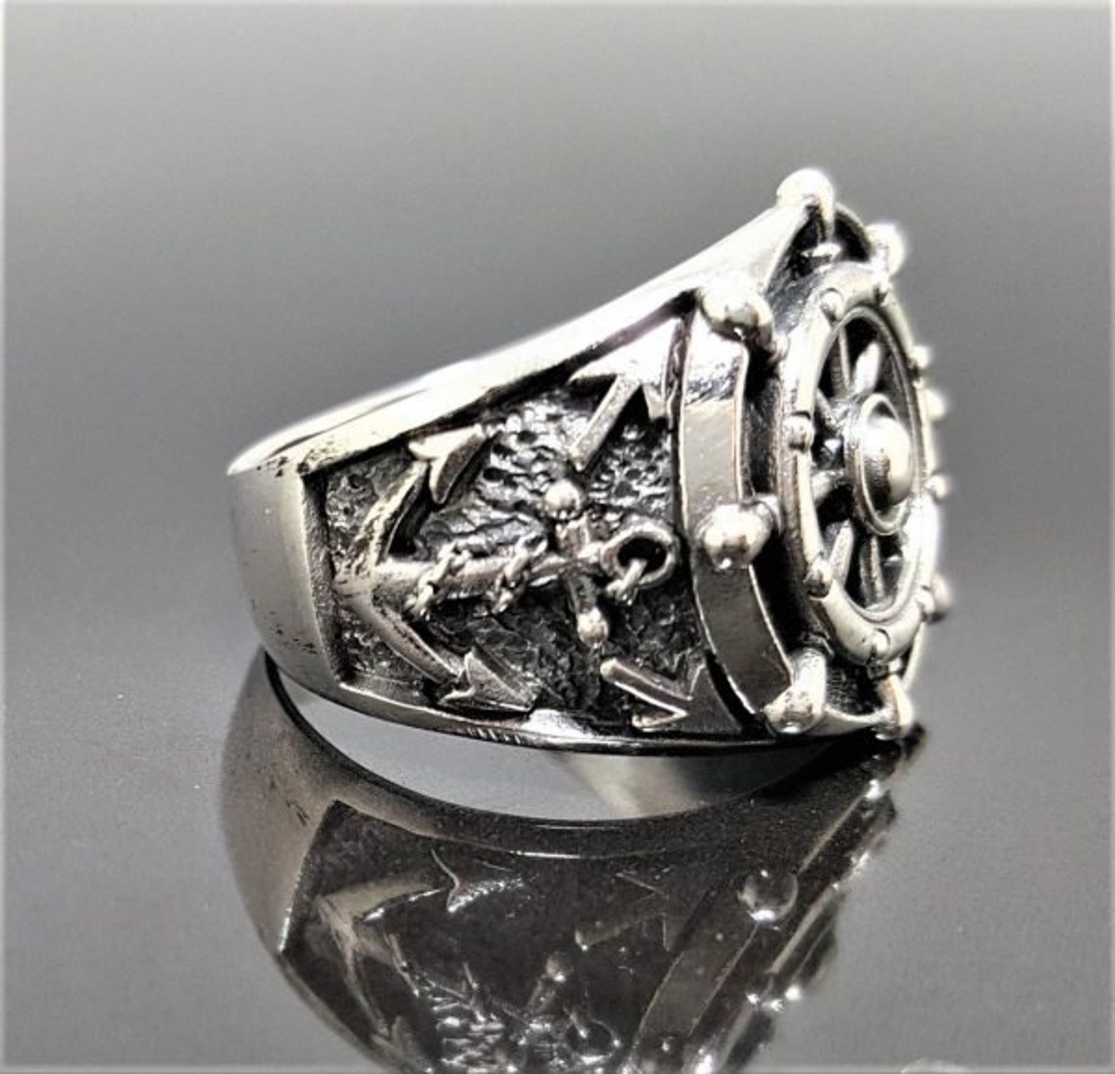 Ship Wheel & Anchor Nautical Ring 925 Sterling Silver Ship Steering ...