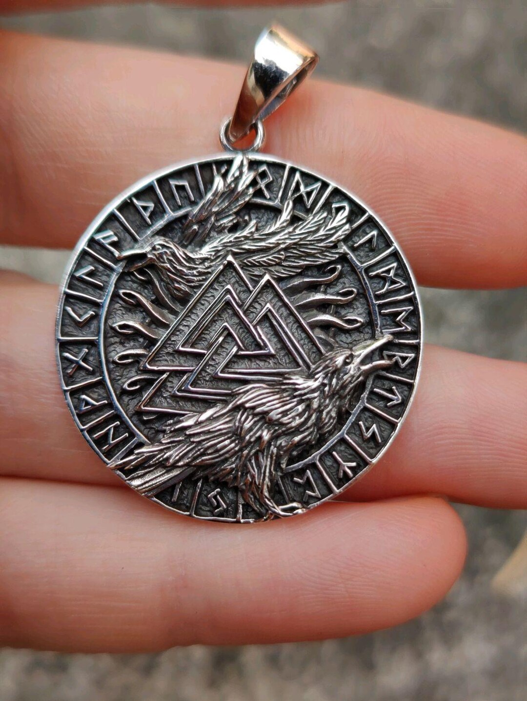 Valknut Huginn and Muninn Runic Pendant STERLING SILVER 925 Runes ...