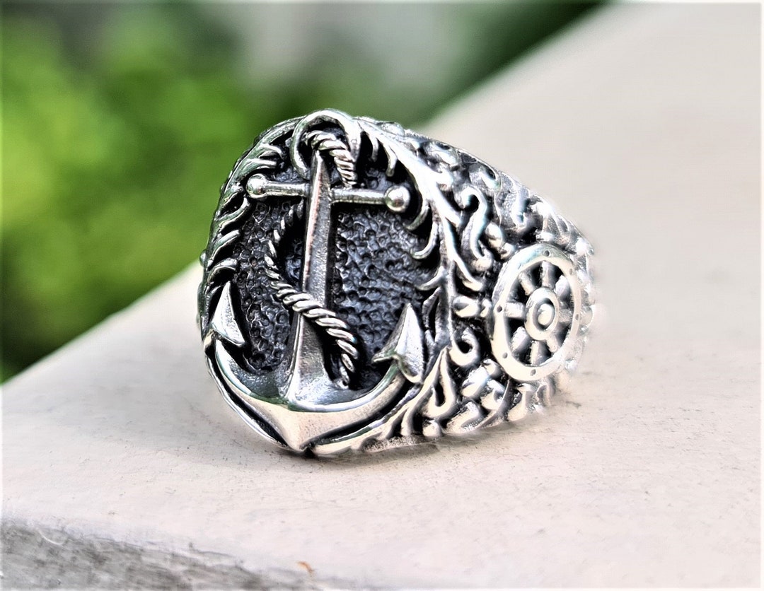 Anchor Nautical Ring STERLING SILVER 925 Ship Steering Wheel Sailor Sea ...