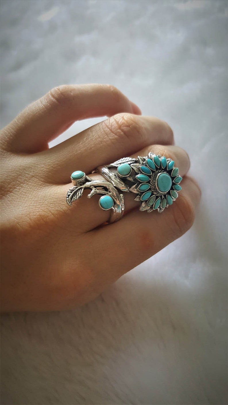 Turquoise Flower Ring 925 Sterling Silver Sunflower Genuine | Etsy