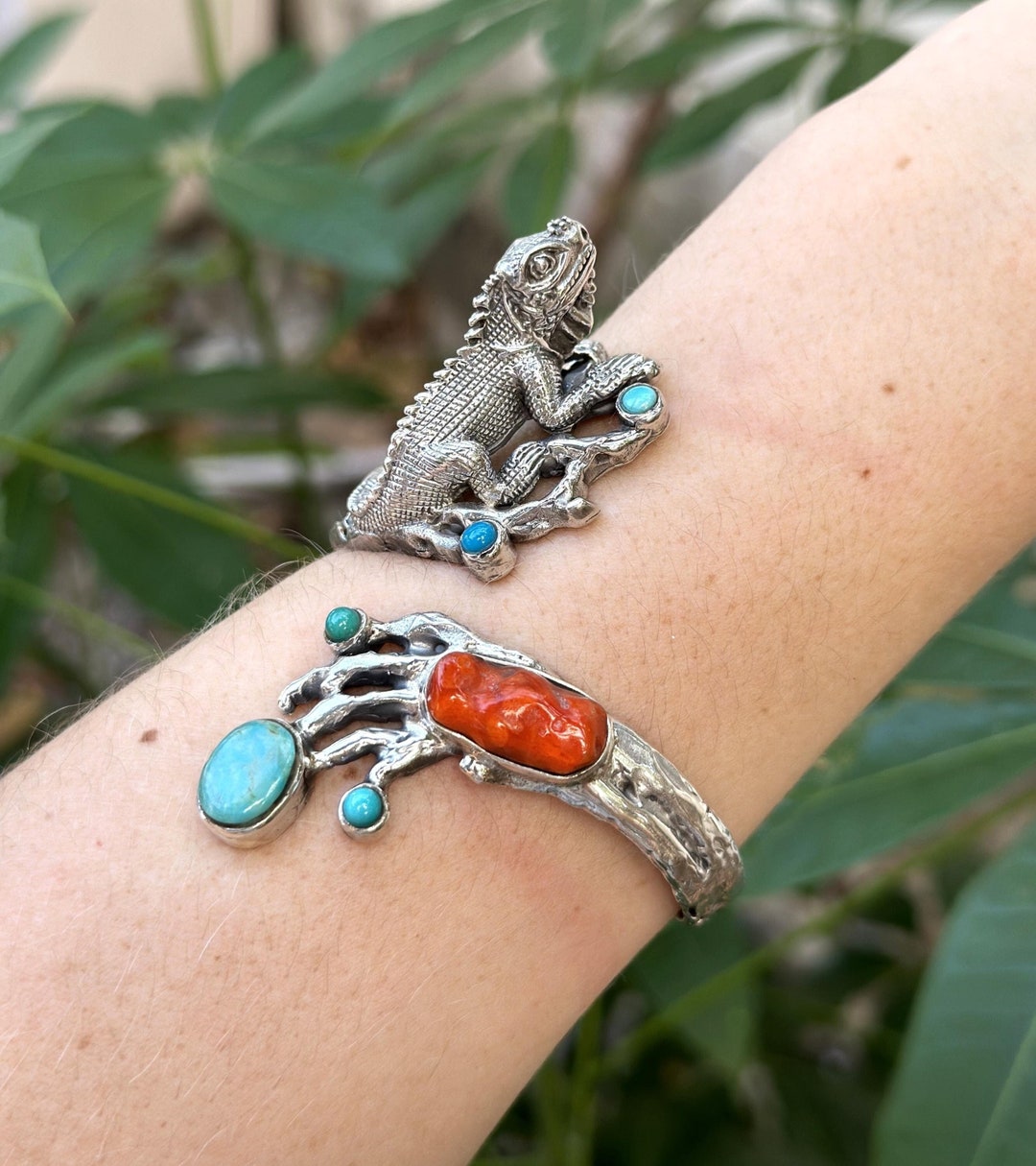 Iguana Lizard Bracelet 925 STERLING SILVER Natural Turquoise Coral ...