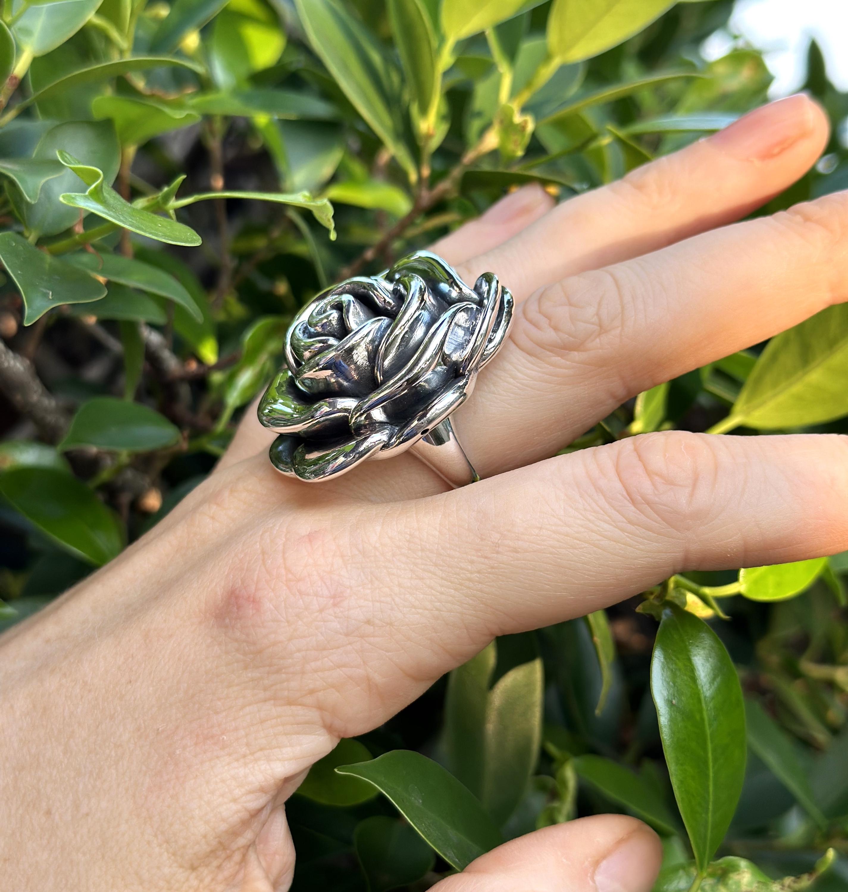 Extra Large Rose Flower Ring STERLING SILVER 925 Massive Silver Rose ...