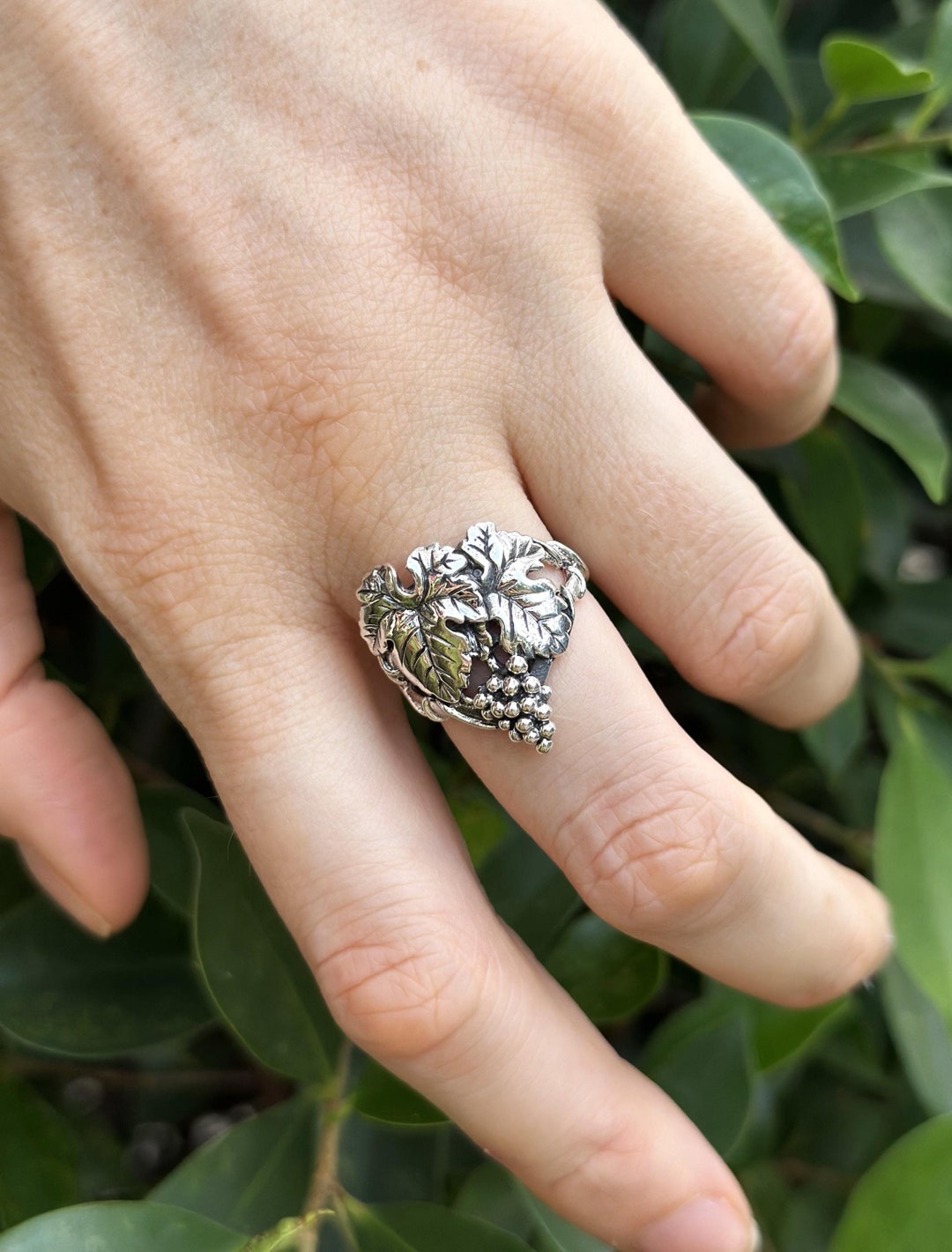 Vine Branch Ring STERLING SILVER 925 Grape Leaf Fruit Ring Vine Ring Grape Leaves Branch Floral ...