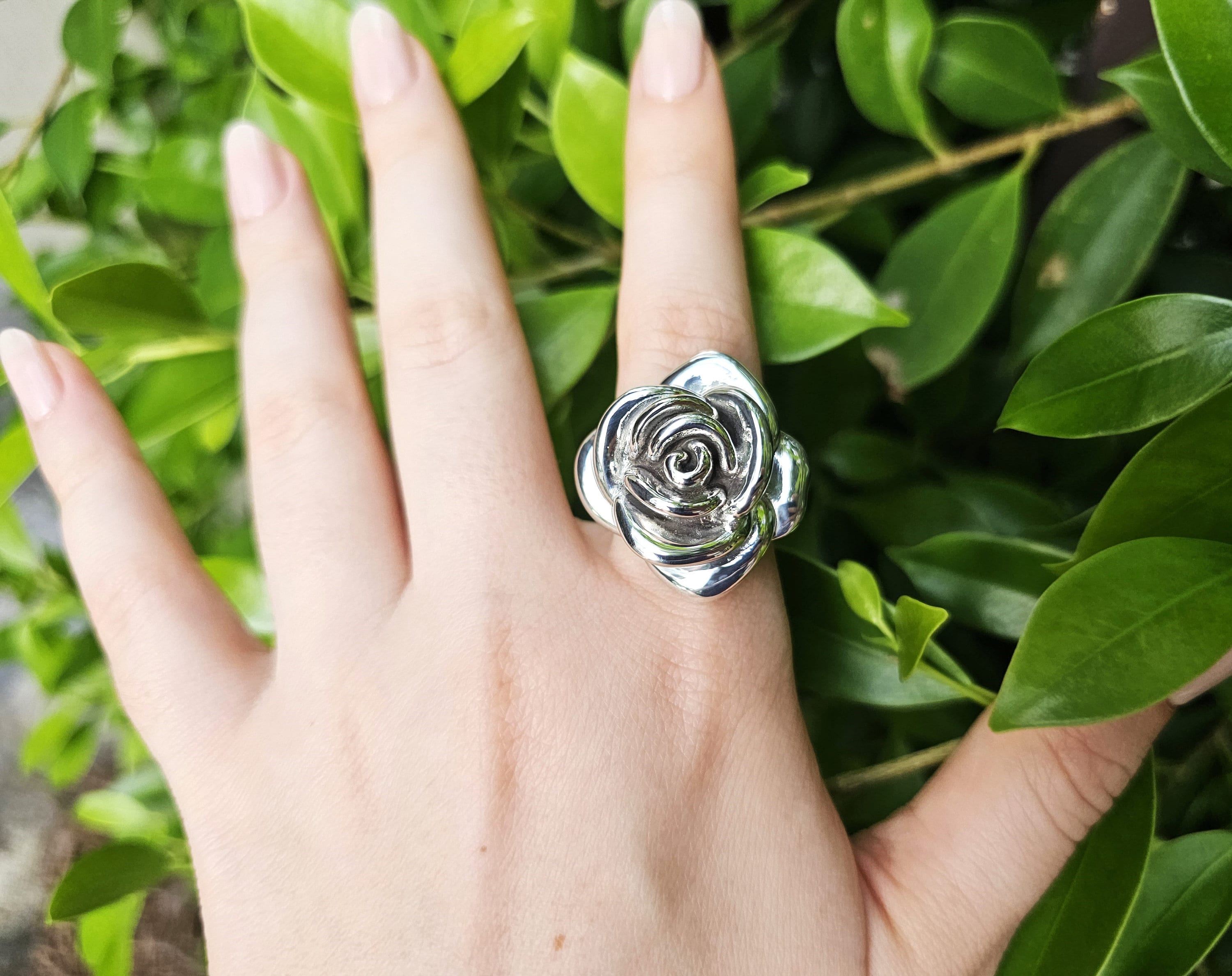 Large Rose Flower Ring STERLING SILVER 925 Massive Rose Floral ...