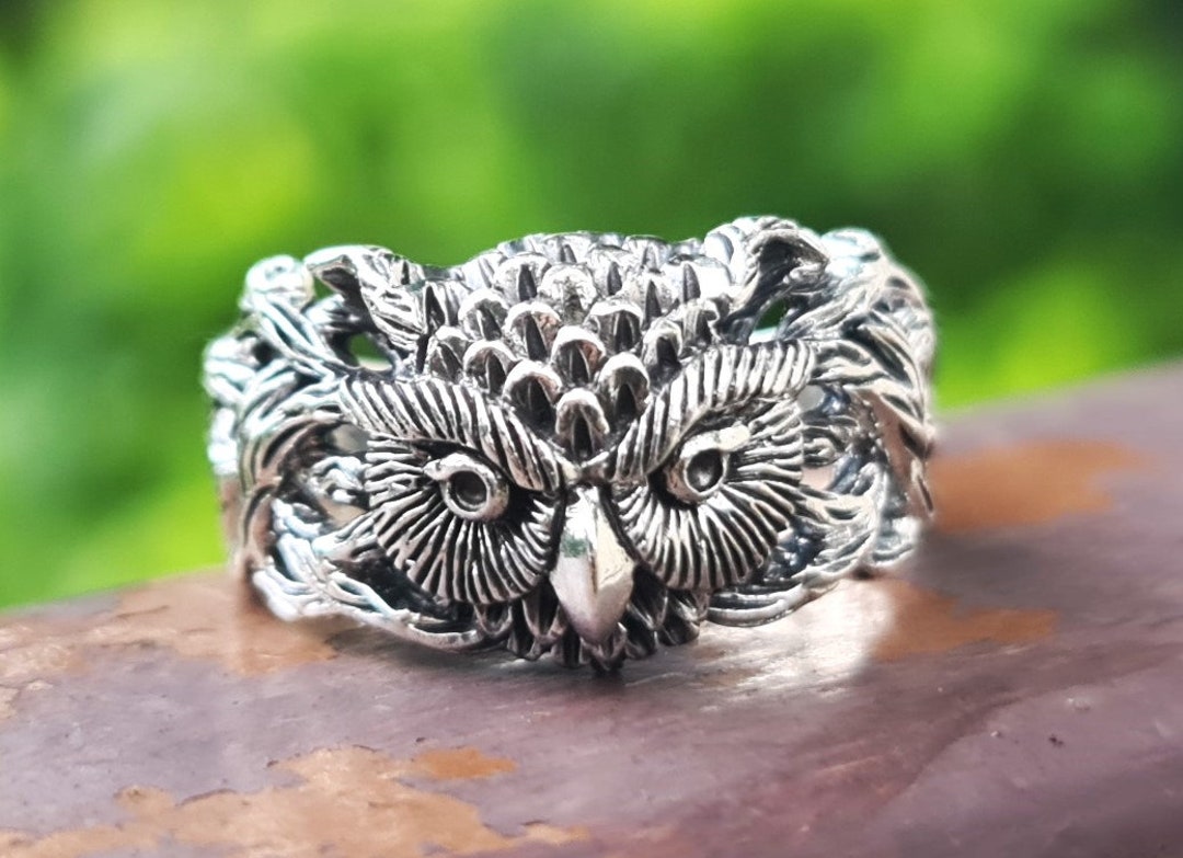 Owl Ring 925 STERLING SILVER Owl Head Symbol of Wisdom Talisman Amulet ...