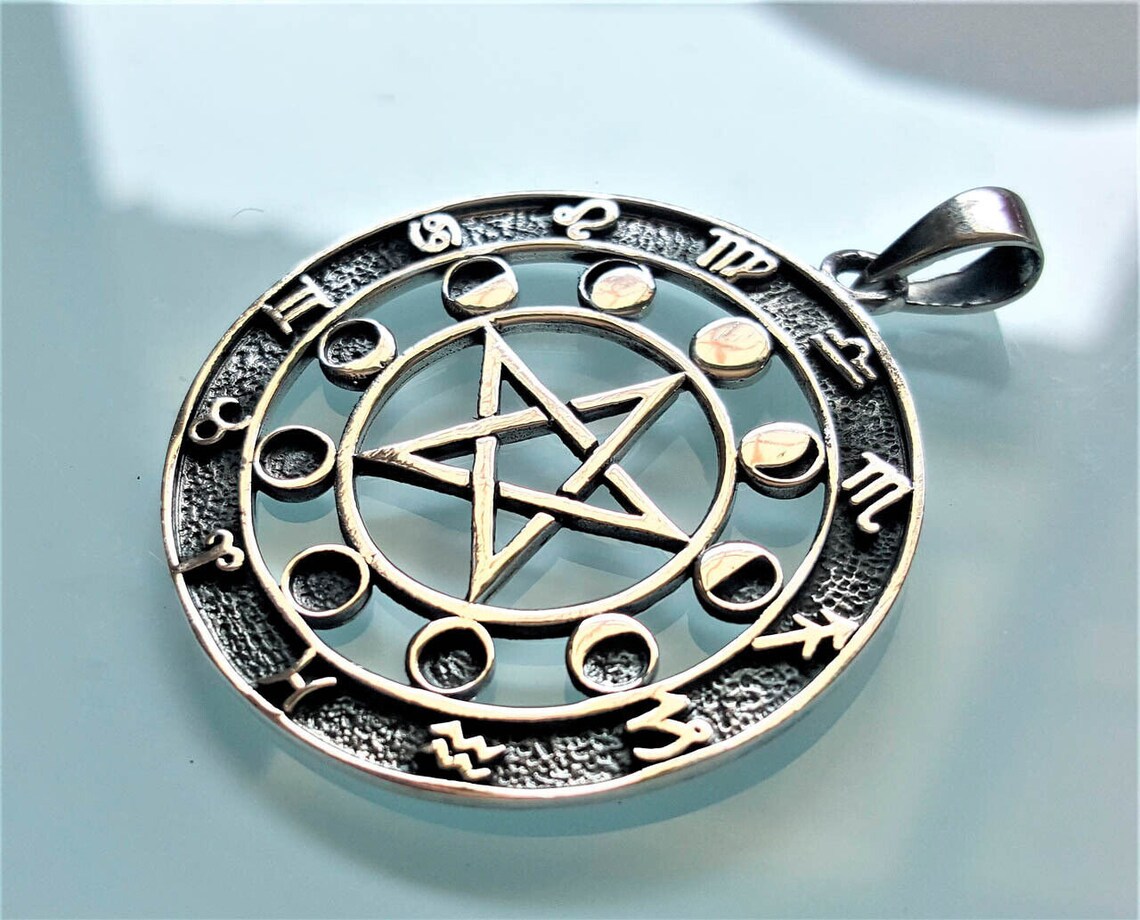 Moon Phases Pentagram Pendant STERLING SILVER 925 Star Energy Balance ...