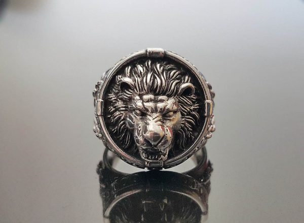 LION Ring STERLING SILVER 925 Chained Lion Head Royal Power Leo King’s ...