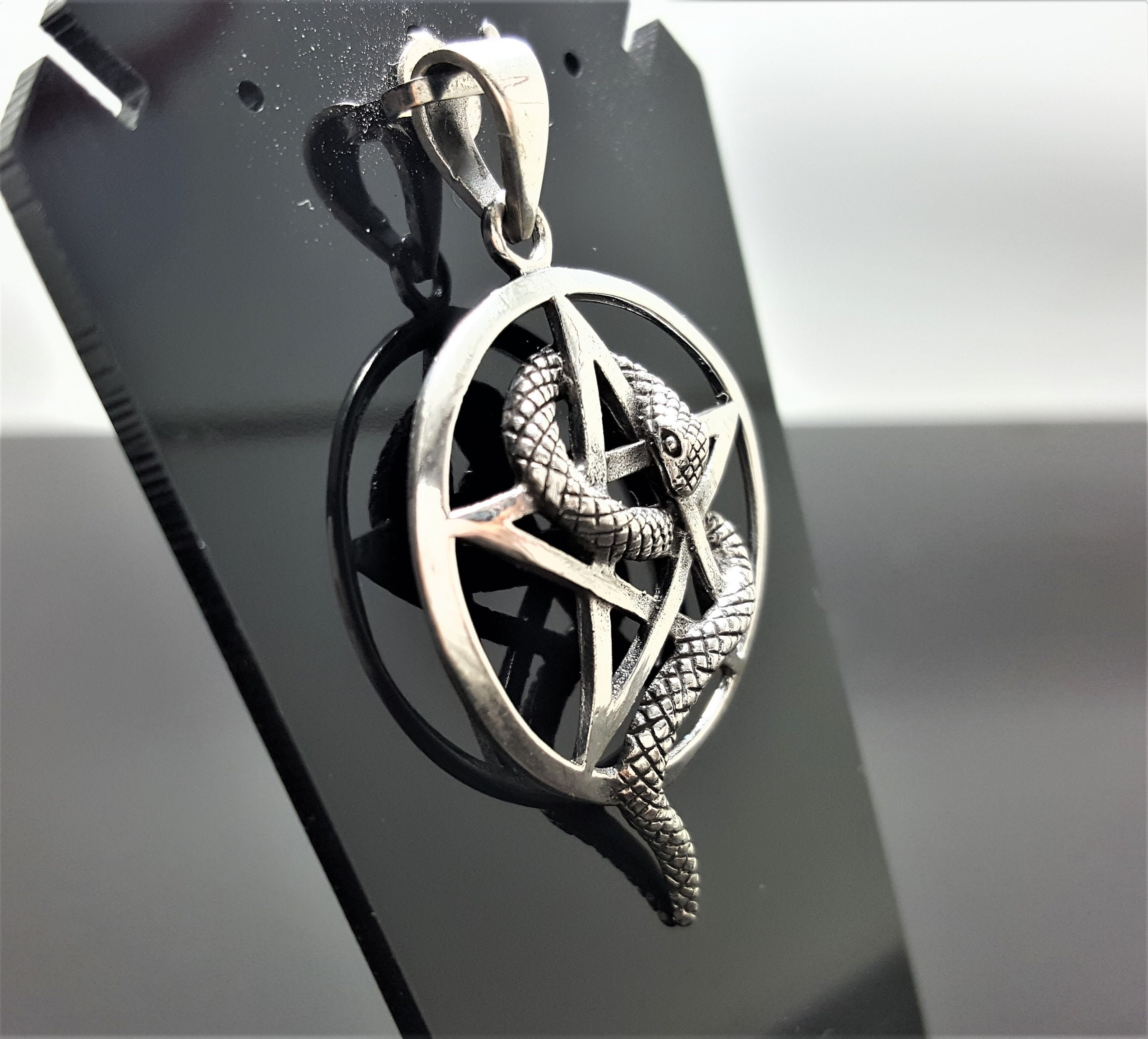 Pentagram Snake 925 Sterling Silver Pendant Pentacle Star Occult Sacred ...
