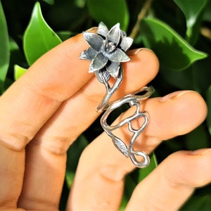 Flower Ring STERLING SILVER 925 Floral Exclusive Design Long Knuckle ...