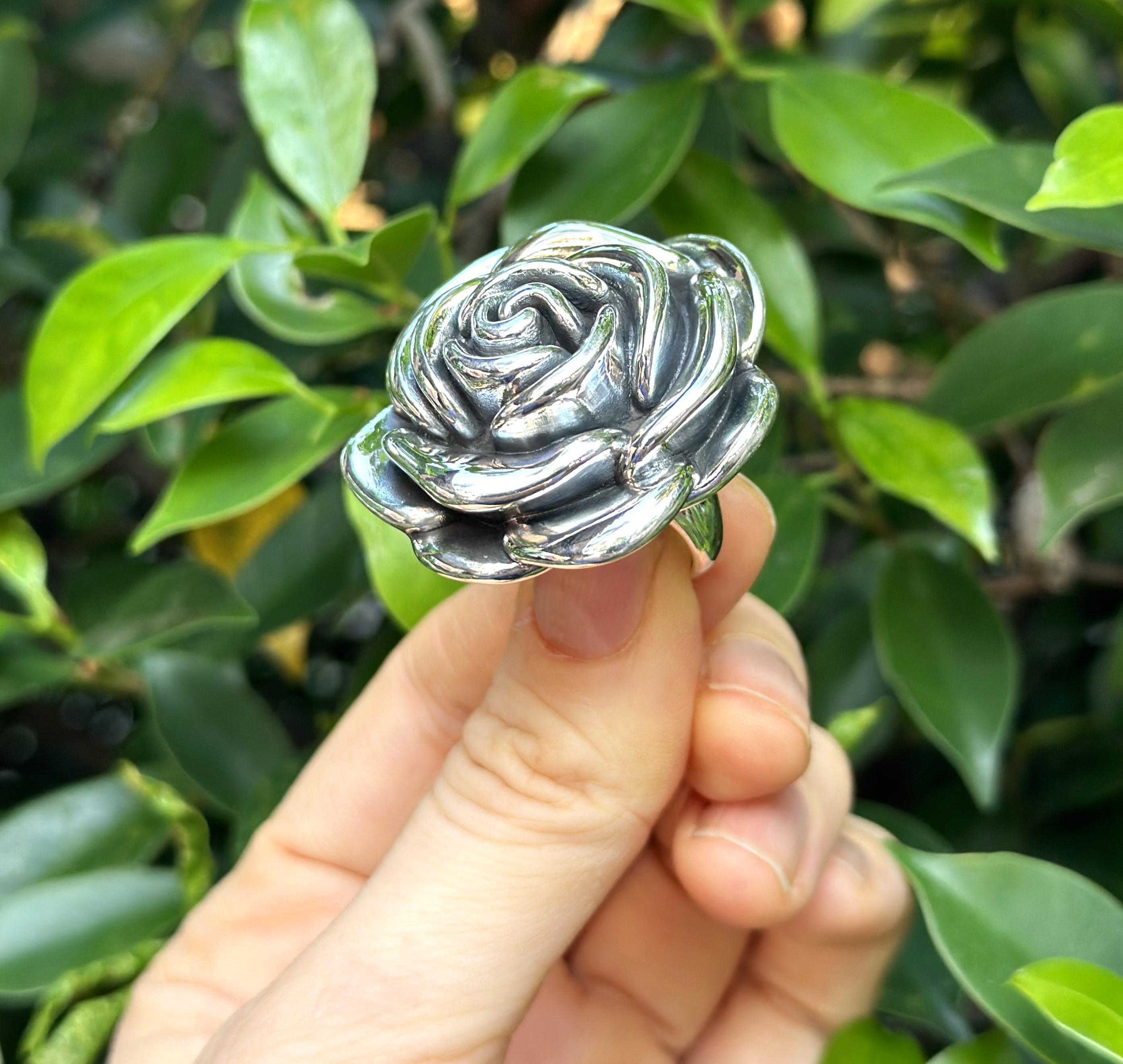 Extra Large Rose Flower Ring STERLING SILVER 925 Massive Silver Rose ...