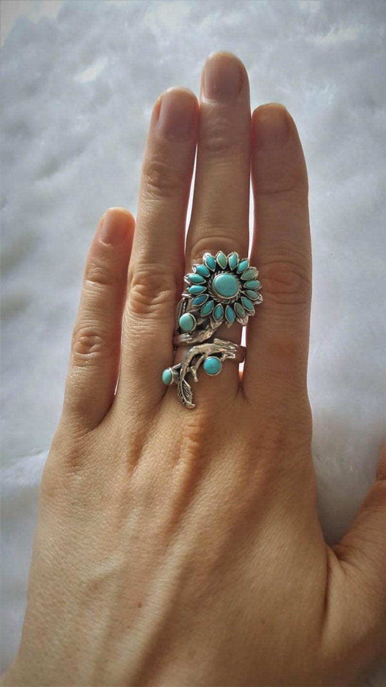 Turquoise Flower Ring 925 Sterling Silver Sunflower Genuine | Etsy