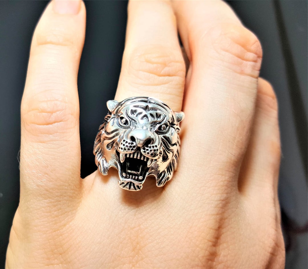 925 Sterling Silver TIGER RING Big Cat UNISEX Biker Rocker Exclusive ...