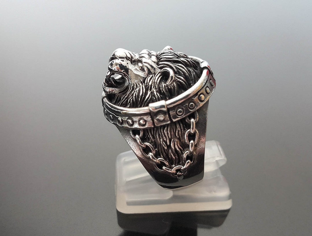 LION Ring STERLING SILVER 925 Chained Lion Head Royal Power Leo King’s ...