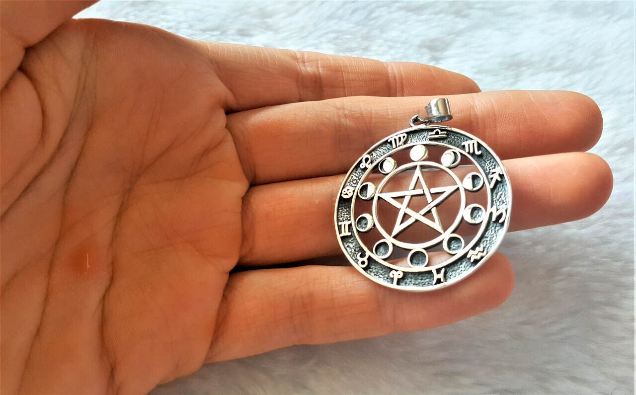 Moon Phases Pentagram Pendant STERLING SILVER 925 Star Energy Balance ...