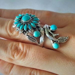 Turquoise Flower Ring 925 Sterling Silver Sunflower Genuine Gemstone ...