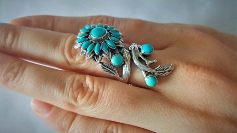 Turquoise Flower Ring 925 Sterling Silver Sunflower Genuine | Etsy