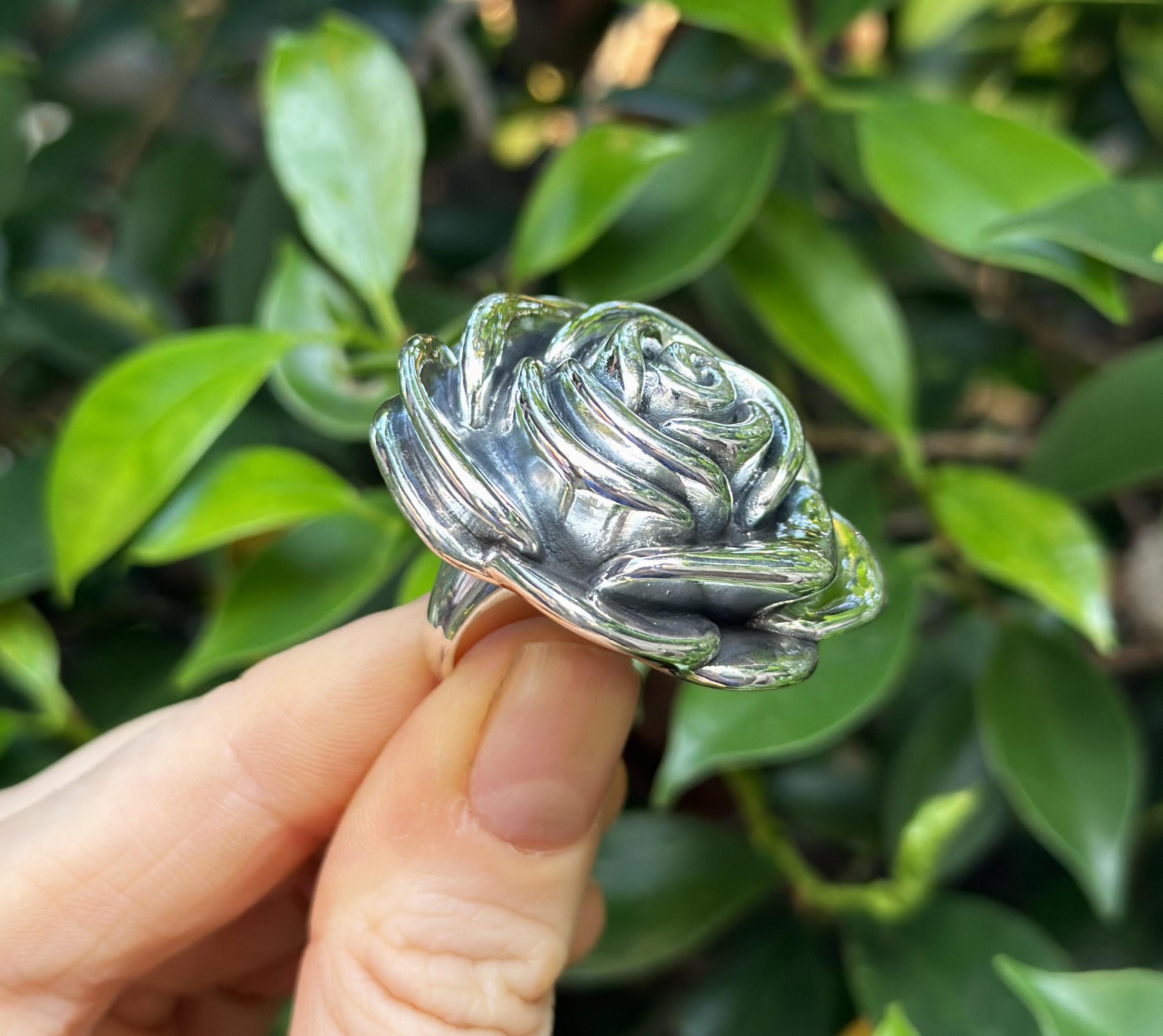 Extra Large Rose Flower Ring STERLING SILVER 925 Massive Silver Rose ...