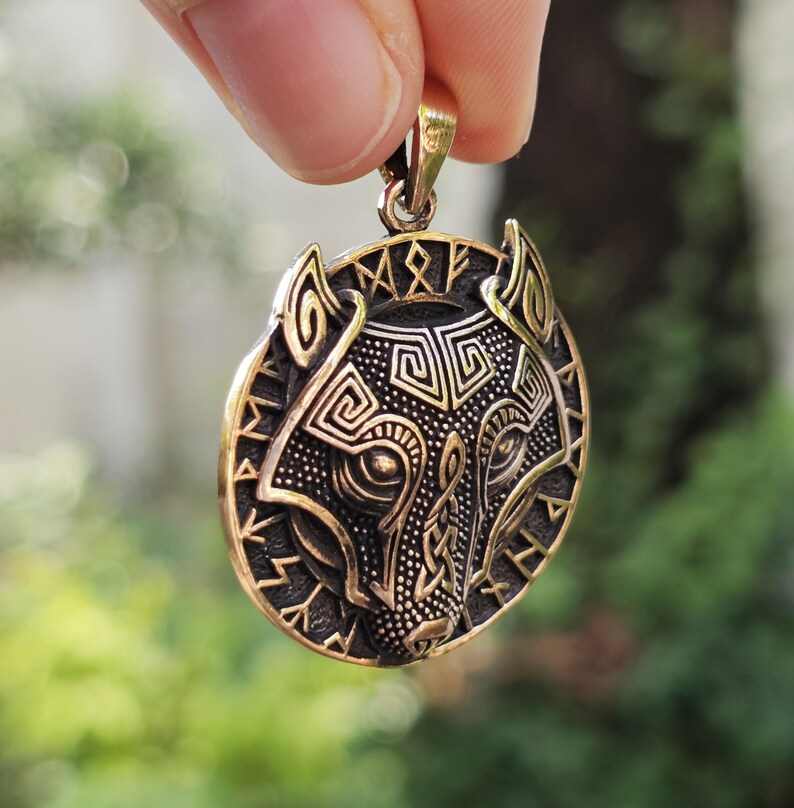 Fenrir Wolf Pendant Bronze Sacred Runes Celtic Amulet Viking Runic ...