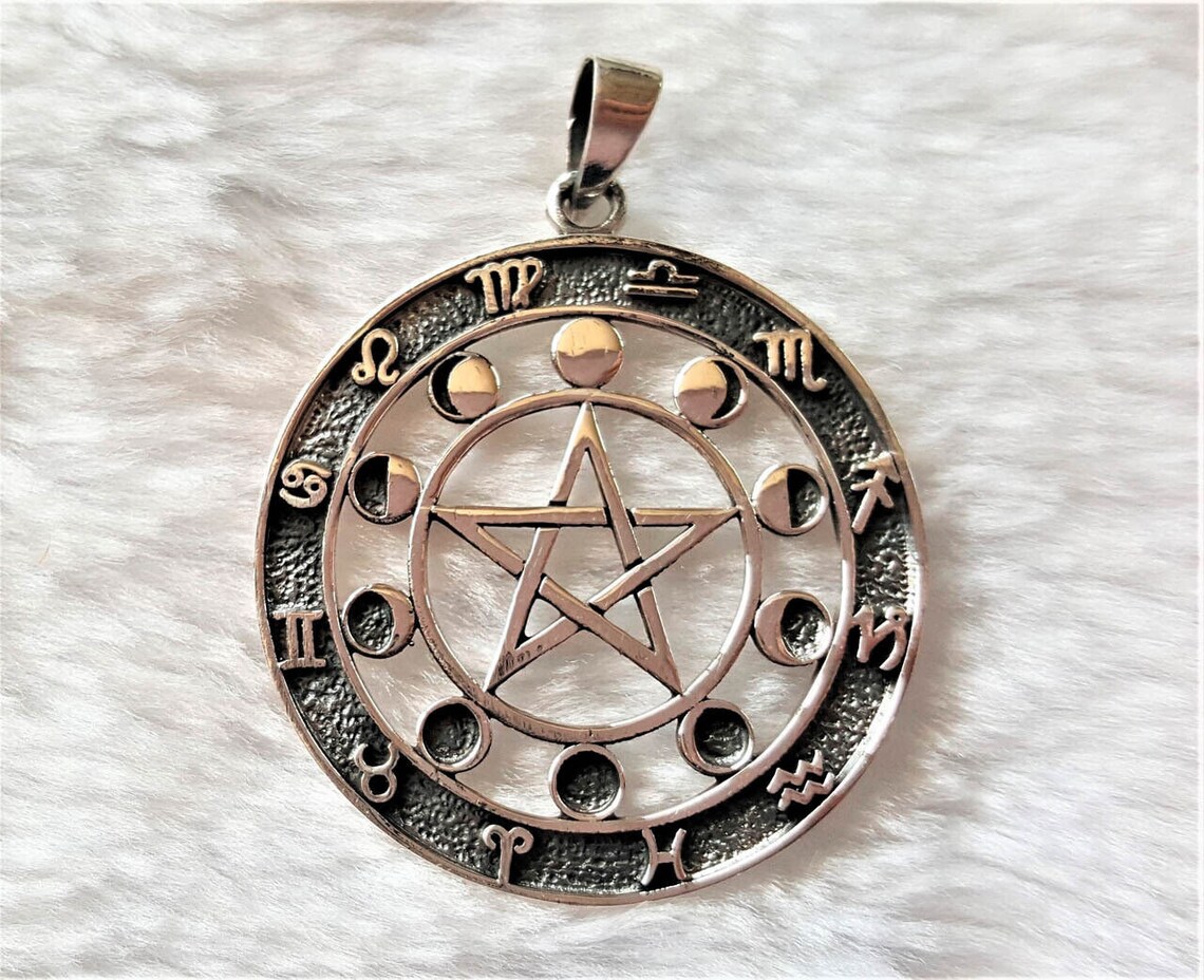 Moon Phases Pentagram Pendant STERLING SILVER 925 Star Energy Balance ...