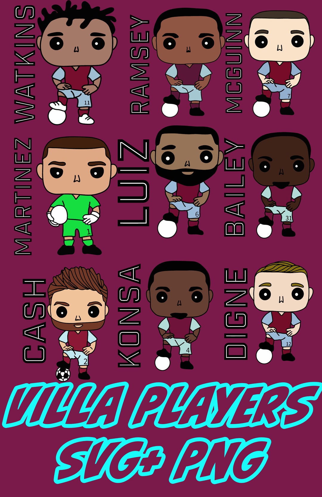 Villa Players SVG and PNG 9 Players Hand Drawn and Unique - Etsy UK