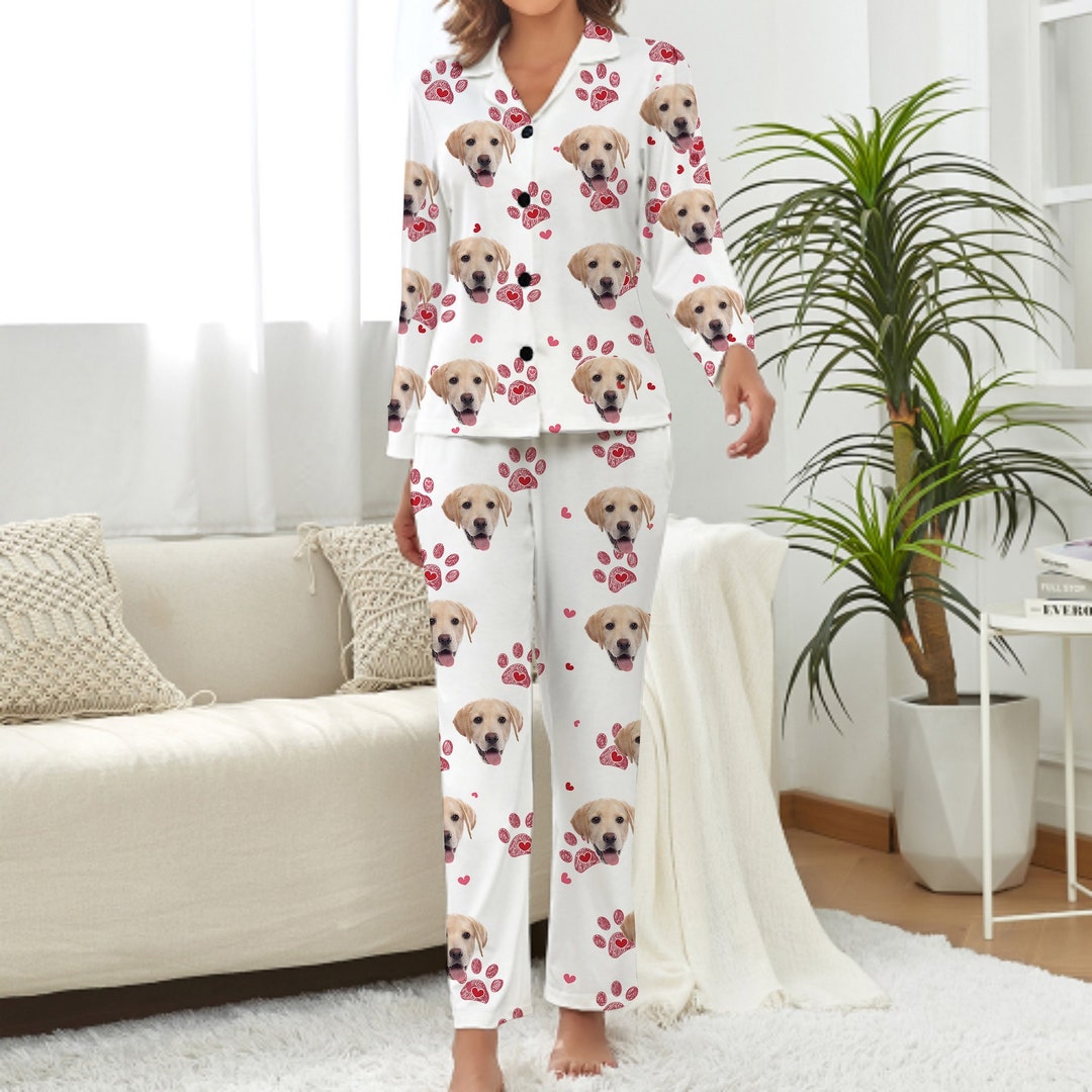 Cute Dog Paws Print Home Pajamas, Custom Puppy Face Photo Pajamas ...