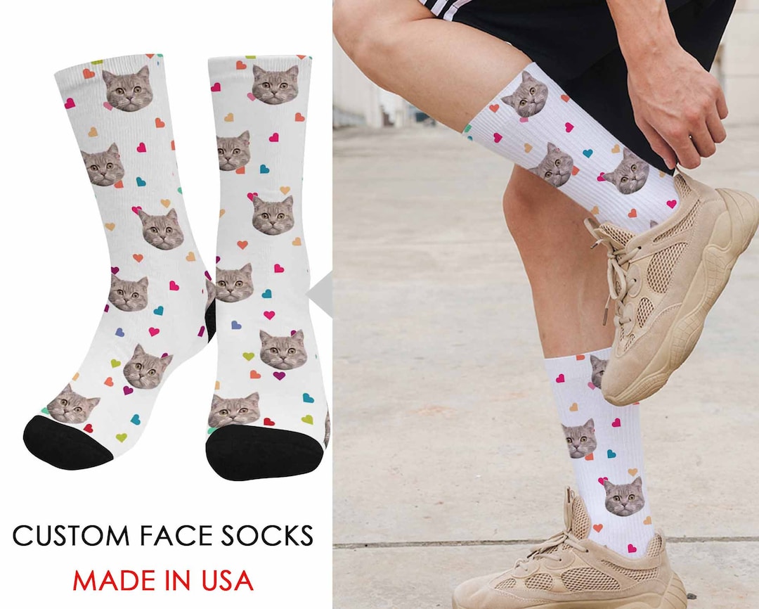 Custom Cute Cat Face Socks, Personalized Pet Picture Print Socks, Funny ...