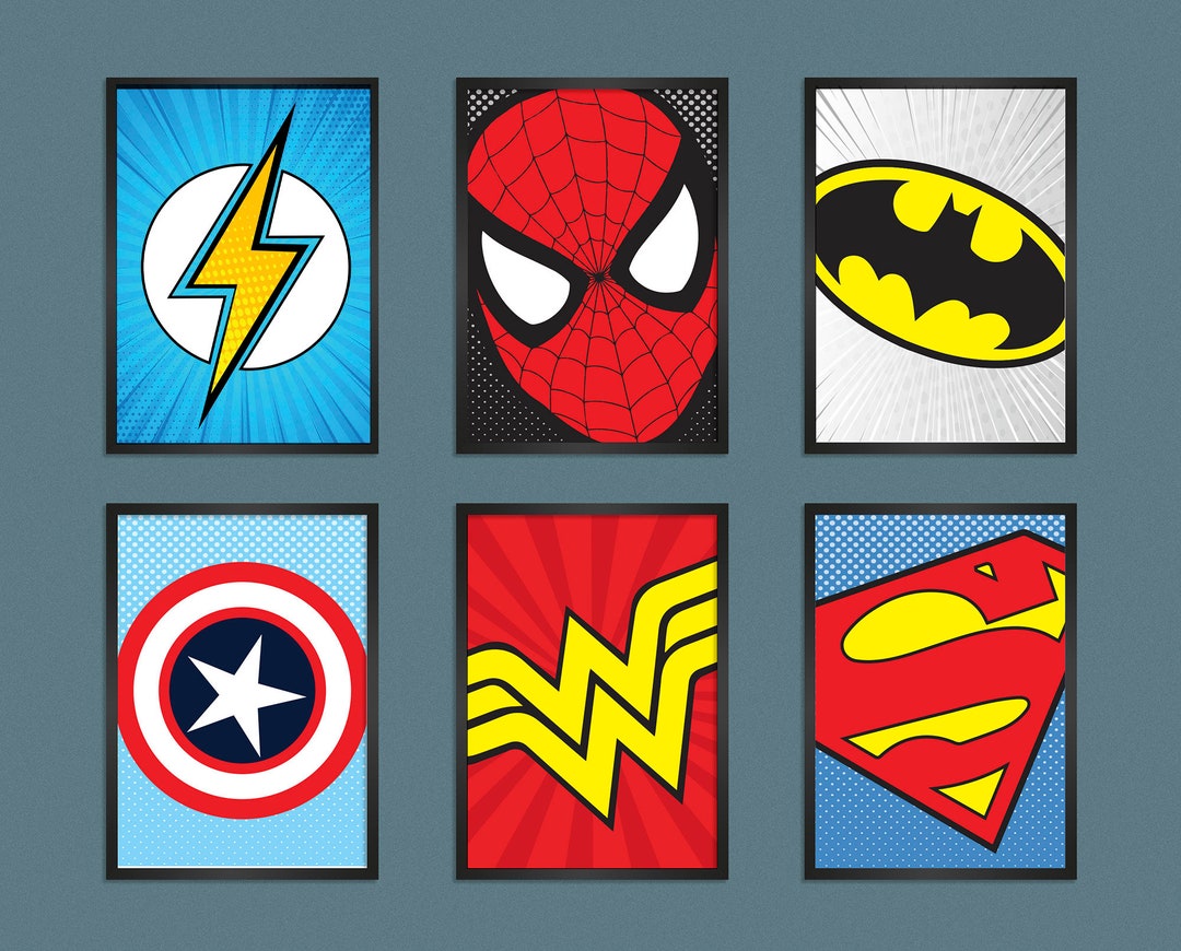 Superheroes Poster Set of 6, Superhero Wall Art, Kids Room Wall Decor ...