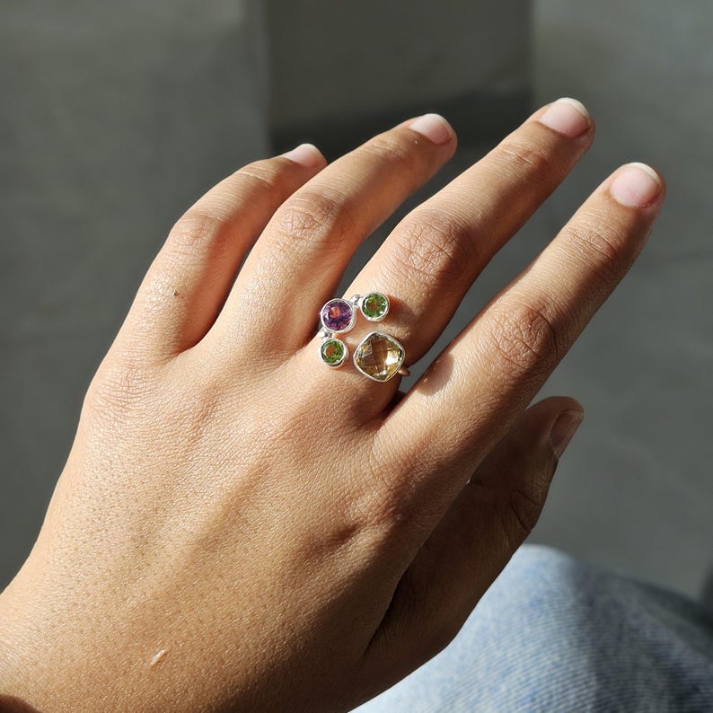 Unique Christmas Gift Amethyst Peridot Citrine Ring • 925 Sterling ...