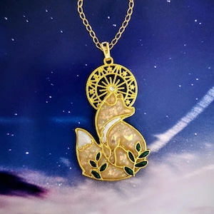 Midnight Sun Fox Necklace - Gold Kitsune Faux Opal Pendant - Etsy