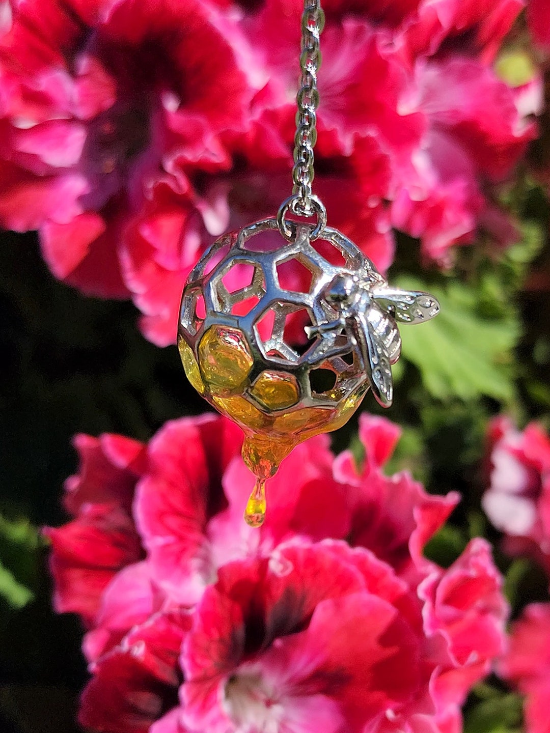 Bee With Dripping Honey on a Honeycomb Necklace silver Nature Spring Pendant - Etsy