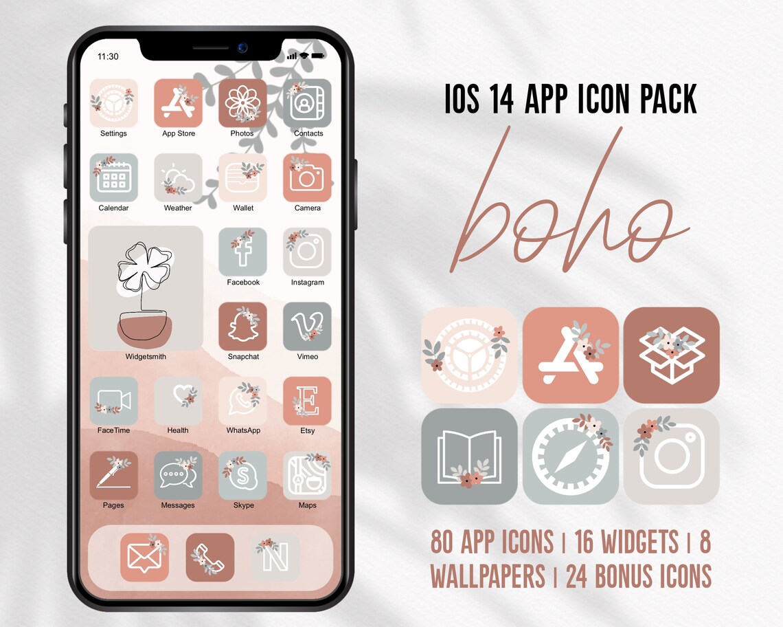 Boho IOS 14 App Icons Watercolor Bohemian Hand Drawn Aesthetics ...