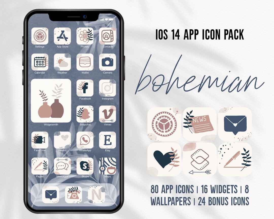Boho Ios Handdrawn App Icons Bohemian Theme Pack Aesthetic Beige Blue ...