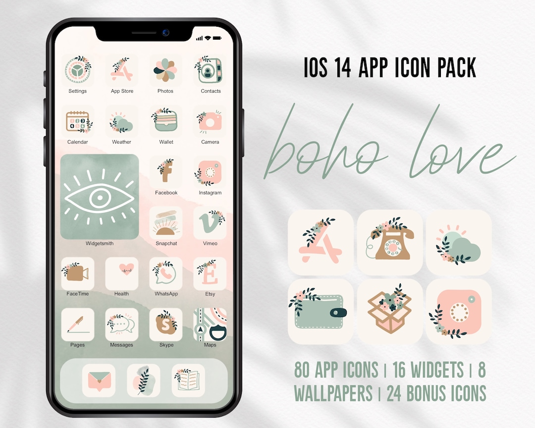 Boho Ios Handdrawn App Icons Boho Love Theme Pack Aesthetic Pink Blue ...