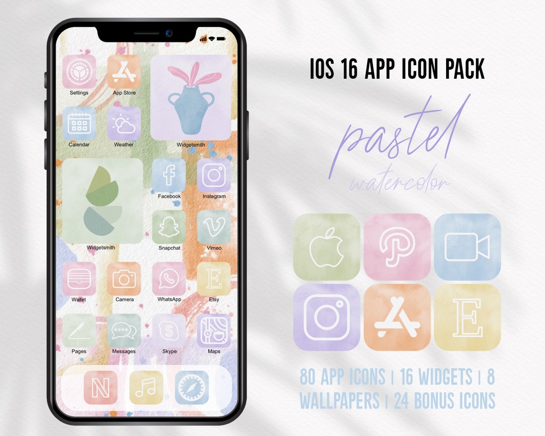 Ios Pastel App Icons Watercolor Floral Pack Aesthetic Hand Drawn iPhone ...