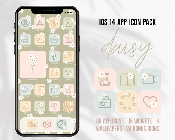 Daisy iOS14 Handdrawn App Icons Floral Theme Pack Aesthetic Green Pink iOS 14 Flower Icons Hand Drawn iPhone Covers Widgets Pastel iOS Decor