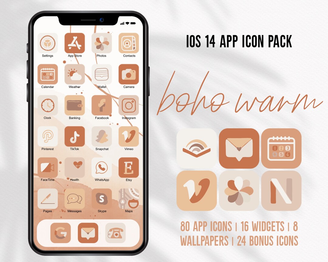 Warm Boho App Icons Ios Hand Drawn Aesthetic App Covers Ios 14 App ...